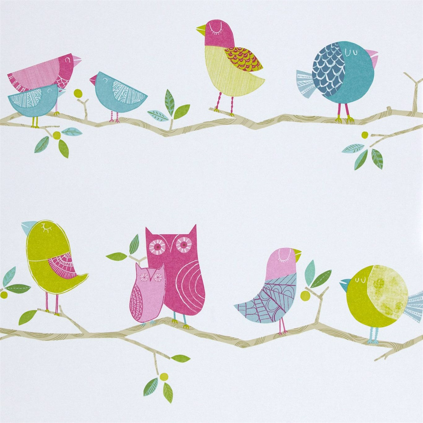 HARLEQUIN What A Hoot Wallpaper Kids Pink,Aqua,Apple,Natural Gravure P ...